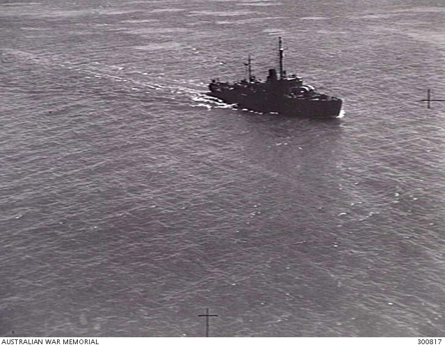 1943-04-07. AERIAL STARBOARD BOW VIEW OF THE CORVETTE HMAS INVERELL ...