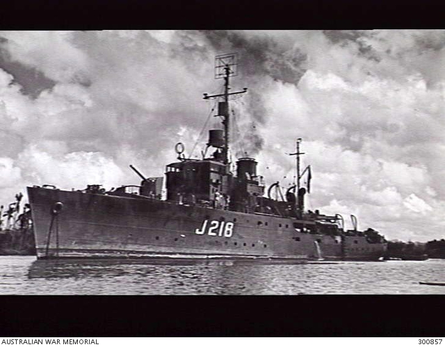 PORT BOW VIEW OF THE CORVETTE HMAS KAPUNDA (J218). KAPUNDA IS ARMED ...