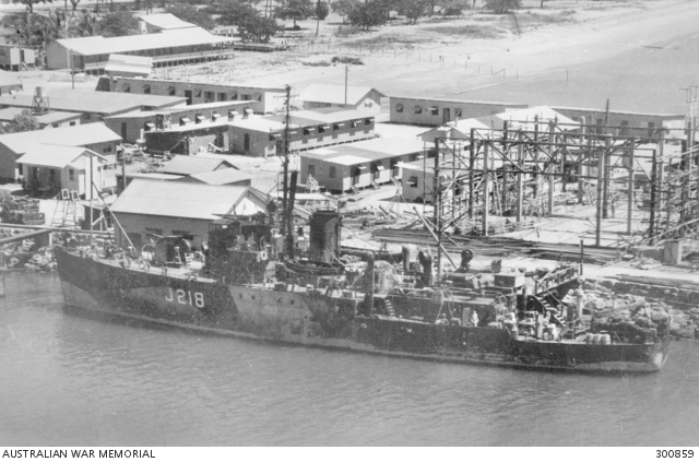 TOWNSVILLE, QLD. 1943-01-09. AERIAL PORT QUARTER VIEW OF THE CORVETTE ...
