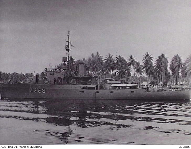 PORT BEAM VIEW OF THE CORVETTE HMAS KIAMA (J353). SHE IS ARMED WITH A 4 ...
