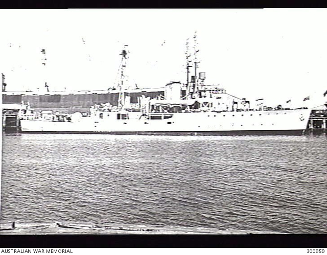 WILLIAMSTOWN, VIC. 1948-04-06. STARBOARD BROADSIDE VIEW OF THE CORVETTE ...