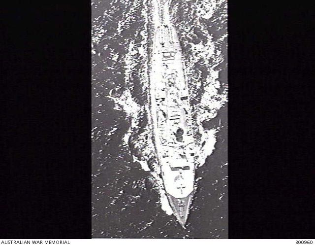 AERIAL VIEW OF THE CORVETTE HMAS LATROBE SHOWING HER DECK LAYOUT IN THE ...