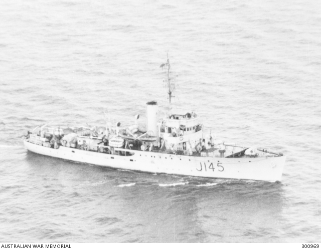 AERIAL STARBOARD SIDE VIEW OF BATHURST CLASS MINESWEEPER/CORVETTE HMAS ...