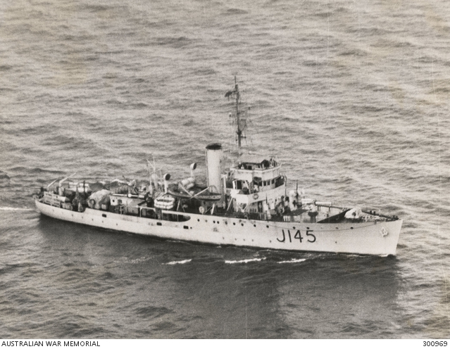 AERIAL STARBOARD SIDE VIEW OF BATHURST CLASS MINESWEEPER/CORVETTE HMAS ...