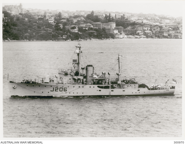 SYDNEY, NSW. 1948-01-05. ELEVATED PORT BEAM VIEW OF THE CORVETTE HMAS ...