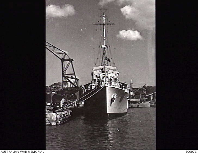 BATAVIA, JAVA. 1946. BOWS ON VIEW OF THE FRIGATE HMAS MACQUARIE (K532 ...