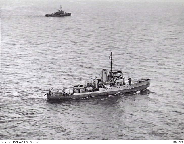 C.1943. AERIAL STARBOARD BOW VIEW OF THE CORVETTE HMAS MARYBOROUGH ...