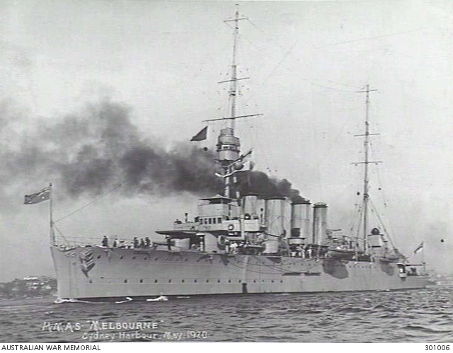 SYDNEY, NSW. 1920-05. PORT BOW VIEW OF THE LIGHT CRUISER HMAS MELBOURNE ...
