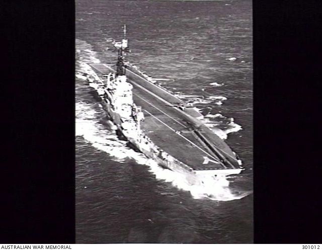 1956-01-19. AERIAL STARBOARD BOW VIEW OF THE AIRCRAFT CARRIER HMAS ...