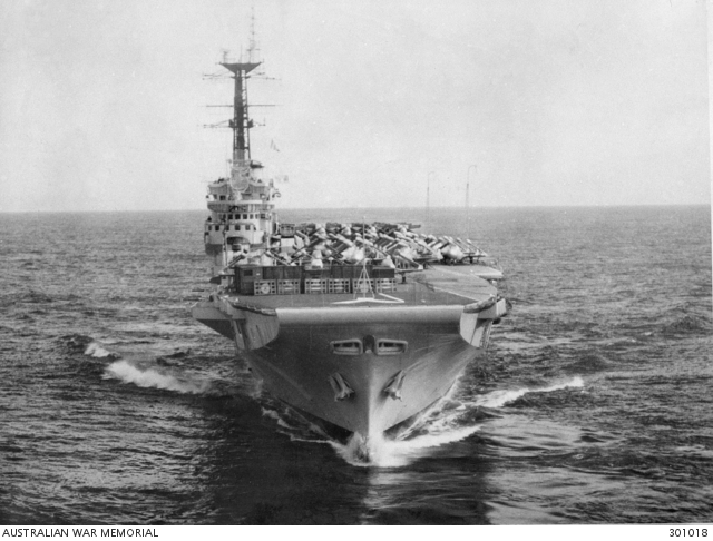 1956-05. BOW VIEW OF THE AIRCRAFT CARRIER HMAS MELBOURNE (II) ON HER ...
