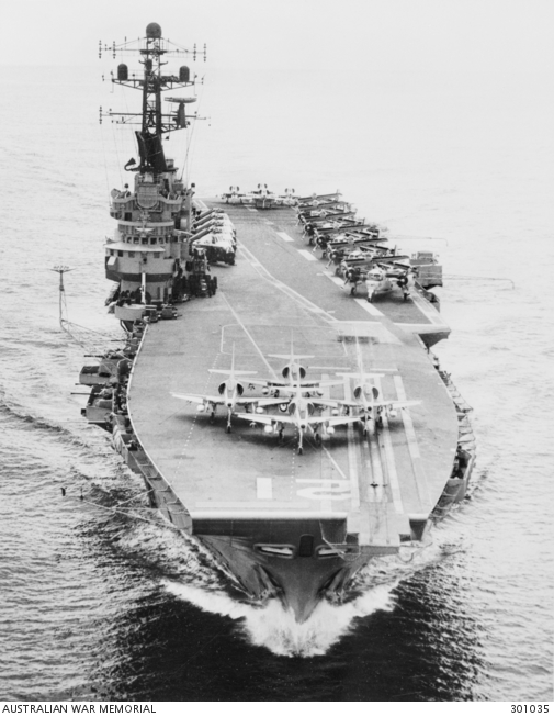 C.1974. AERIAL BOW VIEW OF THE AIRCRAFT CARRIER HMAS MELBOURNE (II) (21 ...