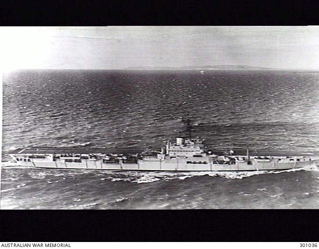 1956-01-19. AERIAL STARBOARD SIDE VIEW OF THE AIRCRAFT CARRIER HMAS ...
