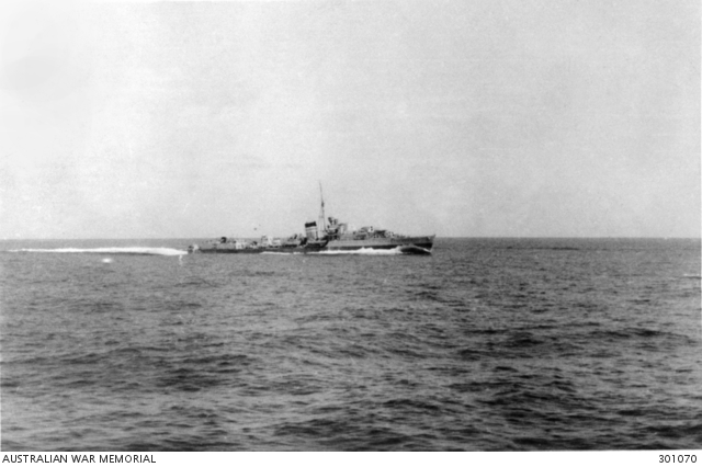 STARBOARD SIDE VIEW OF THE DESTROYER HMAS NAPIER AT SPEED. SHE IS THE ...
