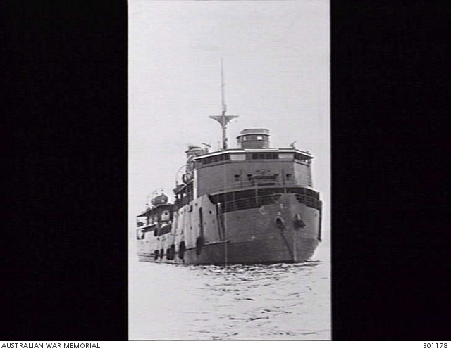 BOW VIEW OF THE STORES CARRIER HMAS PING WO, PROBABLY TAKEN WHILE SHE ...