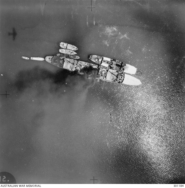 DARWIN, NT. 1942-10-25. AERIAL VIEW OF THE DEPOT SHIP HMAS PLATYPUS (EX ...