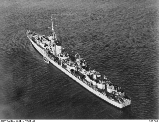AERIAL PORT QUARTER VIEW OF THE DESTROYER HMAS QUIBERON (G81). SHE IS ...
