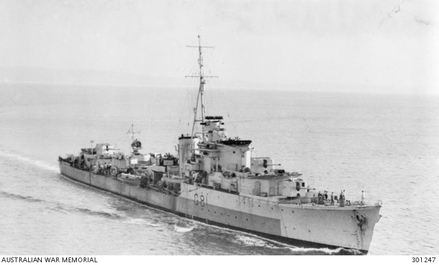 AERIAL STARBOARD BOW VIEW OF THE DESTROYER HMAS QUIBERON (G81). SHE IS ...