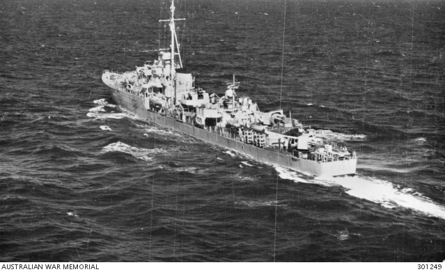 AERIAL PORT QUARTER VIEW OF THE DESTROYER HMAS QUIBERON (G81). SHE IS ...