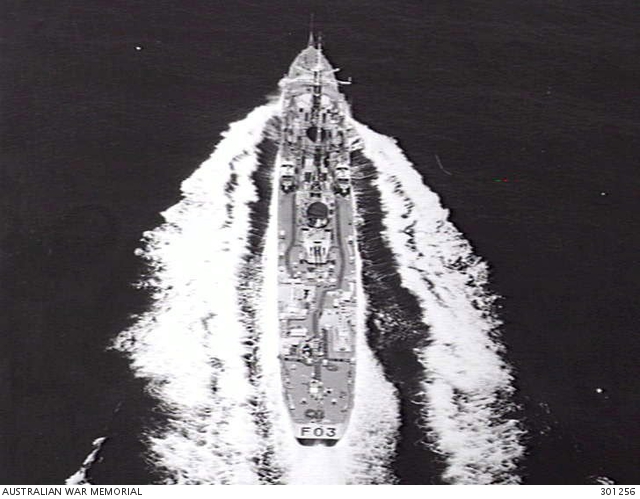 C.1958. AERIAL STERN VIEW OF THE FORMER DESTROYER HMAS QUIBERON (F03 ...