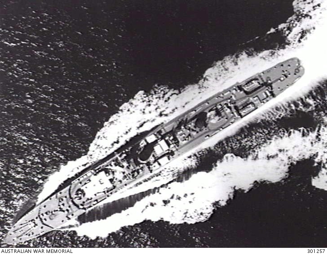C.1958. OVERHEAD VIEW OF THE FORMER DESTROYER HMAS QUIBERON (F03) AFTER ...