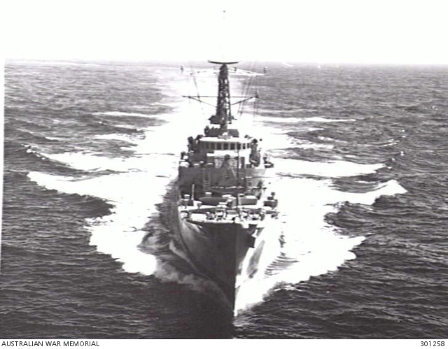 AERIAL VIEW BOW ON OF THE FRIGATE HMAS QUIBERON (F03). NOTE THE TWIN 40 ...