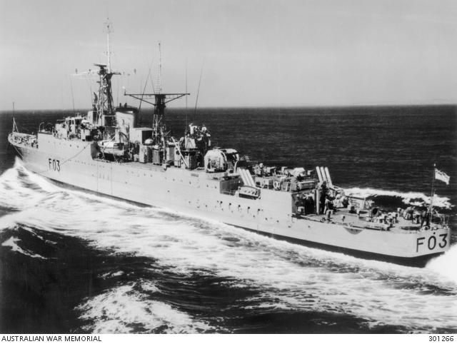C.1958. STARBOARD QUARTER VIEW OF THE FORMER DESTROYER HMAS QUIBERON ...