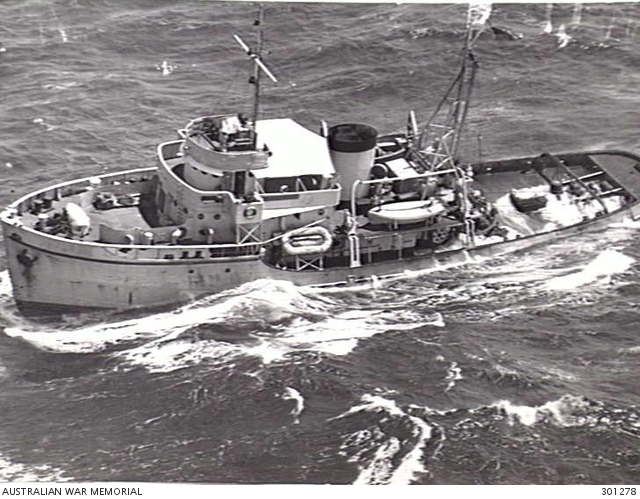 1951-03-11. AERIAL PORT SIDE VIEW OF THE FLEET TUG HMAS RESERVE IN ...
