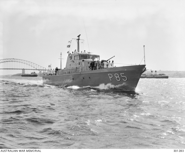 SYDNEY, NSW. 1968. STARBOARD BOW VIEW OF THE PATROL VESSEL HMAS SAMARAI ...