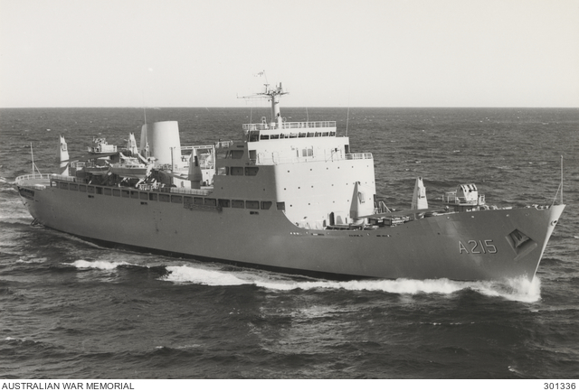 C.1968. AERIAL STARBOARD BOW VIEW OF THE DESTROYER TENDER HMAS STALWART ...