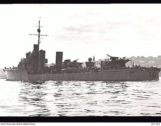 SYDNEY, NSW. 1944-01-08. PORT QUARTER VIEW OF THE DESTROYER HMAS STUART ...