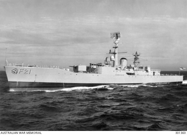 1963. PORT SIDE VIEW OF THE FRIGATE HMAS STUART (II) (F21) SHORTLY ...