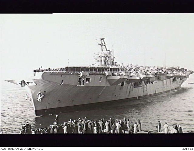 PORT MELBOURNE, VIC. 1954-06-08. PORT BOW VIEW OF THE AIRCRAFT CARRIER ...