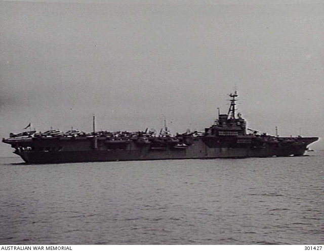 STARBOARD SIDE VIEW OF THE AIRCRAFT CARRIER HMAS SYDNEY (III). NOTE THE ...