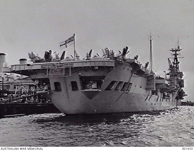 PORT MELBOURNE, VIC. 1949-05-20. STERN VIEW OF THE AIRCRAFT CARRIER ...