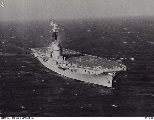 1956-04-29. AERIAL STARBOARD BOW VIEW OF THE AIRCRAFT CARRIER HMAS ...