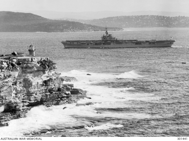 SYDNEY, NSW. 1949-05-28. PORT SIDE VIEW OF THE AIRCRAFT CARRIER HMAS ...
