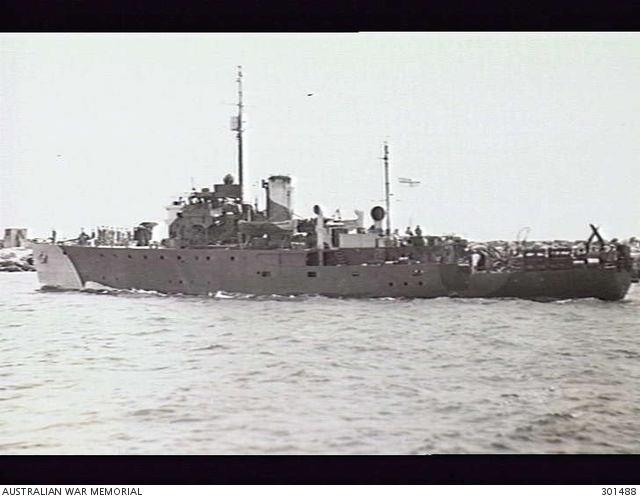 FREMANTLE, WA. 1943-01-21. PORT SIDE VIEW OF THE CORVETTE HMAS TAMWORTH DEPARTING FOR SERVICE IN ...