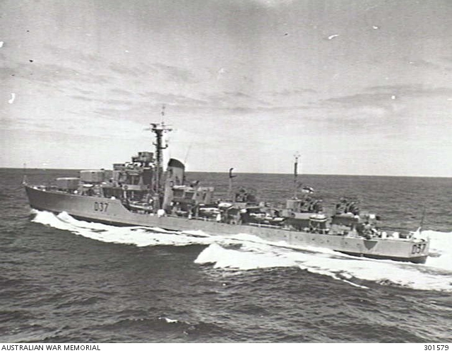 C.1952. PORT QUARTER VIEW OF THE DESTROYER HMAS TOBRUK (I) (D37). NOTE ...