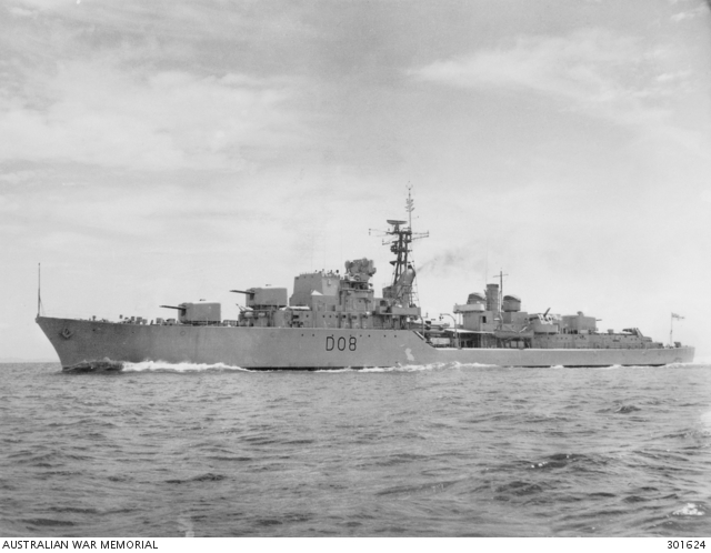 C.1960. PORT SIDE VIEW OF THE DESTROYER HMAS VENDETTA (II) (D08). HER ...