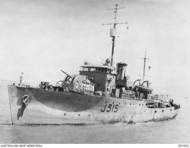 STARBOARD BOW VIEW OF THE CORVETTE HMAS WAGGA (I) (J315). THE WAGGA IS ...