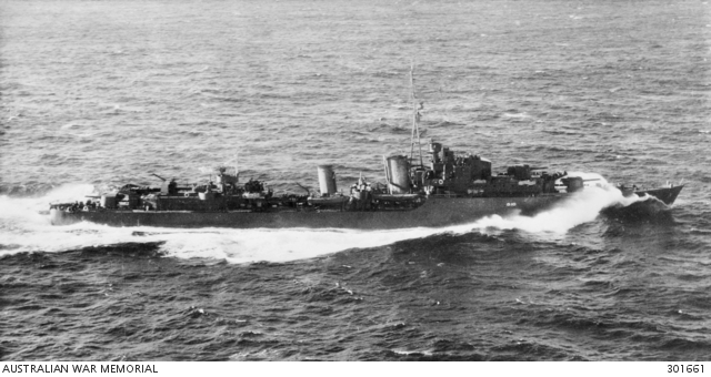 AERIAL STARBOARD SIDE VIEW OF THE DESTROYER HMAS WARRAMUNGA AT SPEED ...