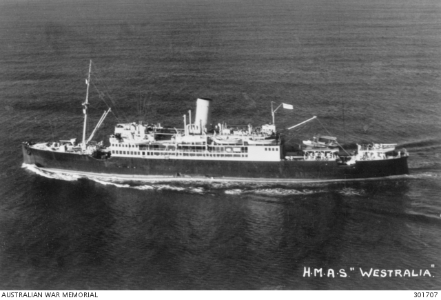1941-07-28. AERIAL PORT SIDE VIEW OF THE ARMED MERCHANT CRUISER HMAS ...