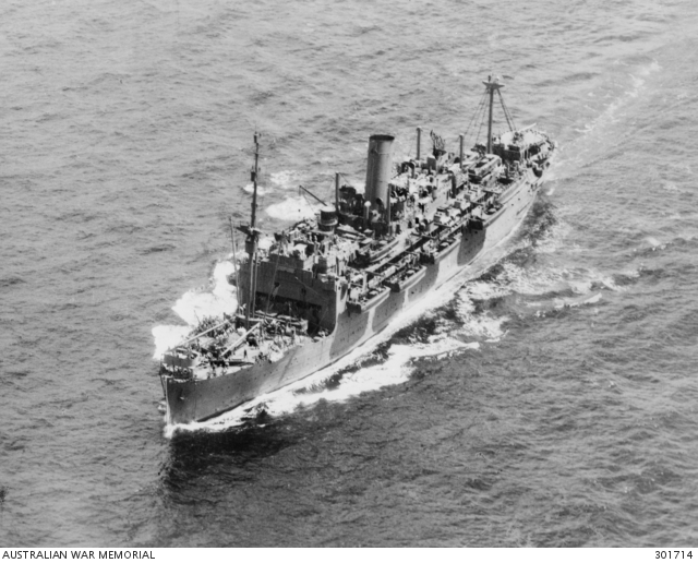 1944-02-27. AERIAL PORT BOW VIEW OF THE LANDING SHIP INFANTRY HMAS ...