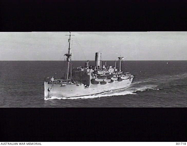 1944-02-27. AERIAL PORT BOW VIEW OF THE LANDING SHIP INFANTRY HMAS ...
