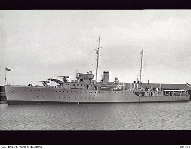 SYDNEY, NSW. PORT SIDE VIEW OF THE SLOOP HMAS YARRA (II). SHE IS ARMED ...