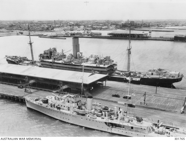 PORT MELBOURNE, VIC. 1940-02. AERIAL PORT SIDE VIEW OF THE SLOOP HMAS ...
