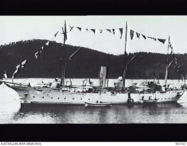 PORT SIDE VIEW OF THE SLOOP HMS CLIO, DRESSED OVERALL. NOTE THE 4 INCH ...