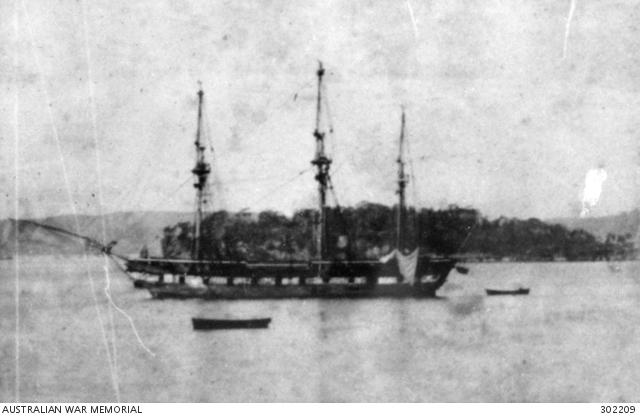SYDNEY, NSW. 1857. PORT SIDE VIEW OF THE SAILING FRIGATE HMS IRIS ...
