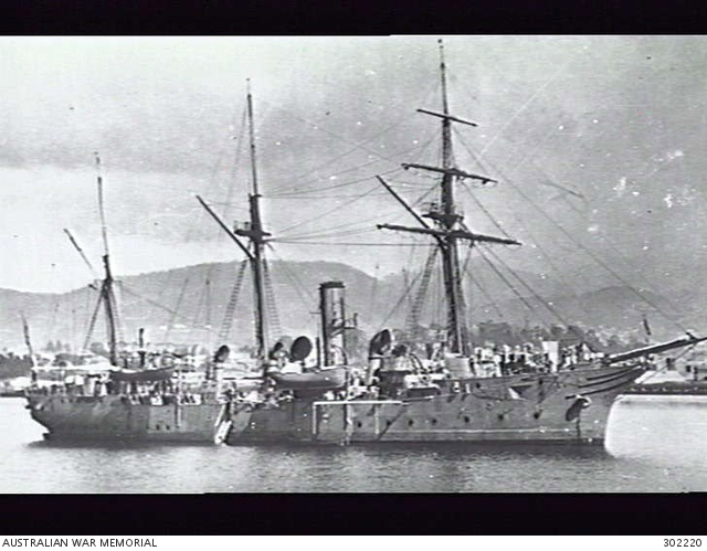 HOBART, TAS. 1904. STARBOARD SIDE VIEW OF THE SLOOP HMS MUTINE. (NAVAL ...