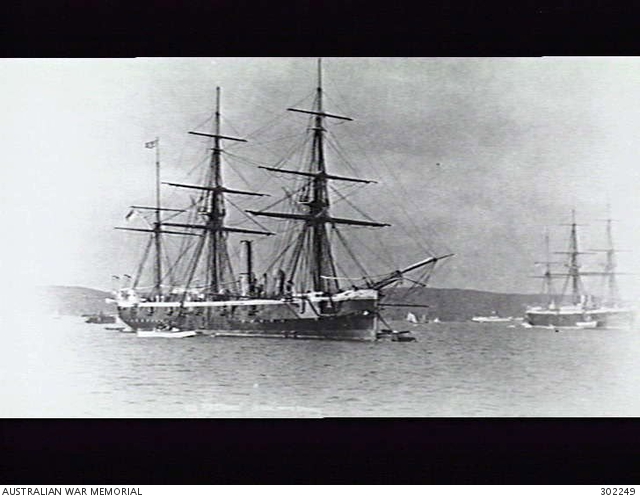 SYDNEY, NSW. C.1888. STARBOARD BOW VIEW OF THE SCREW CORVETTE HMS RAPID ...